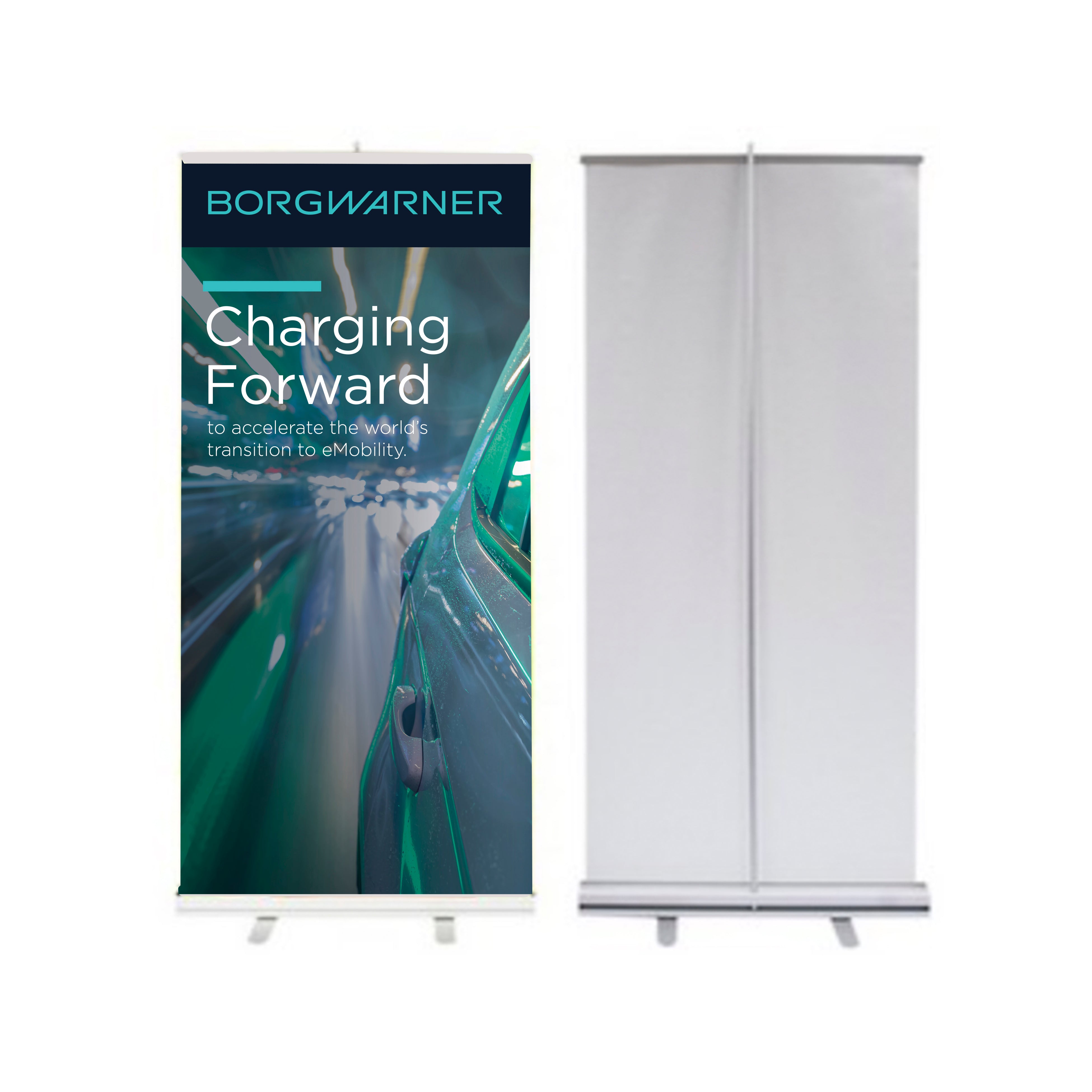 CHARGING FORWARD - ROLL RETRACTABLE BANNER STAND W/ GRAPHIC – BorgWarner Collection